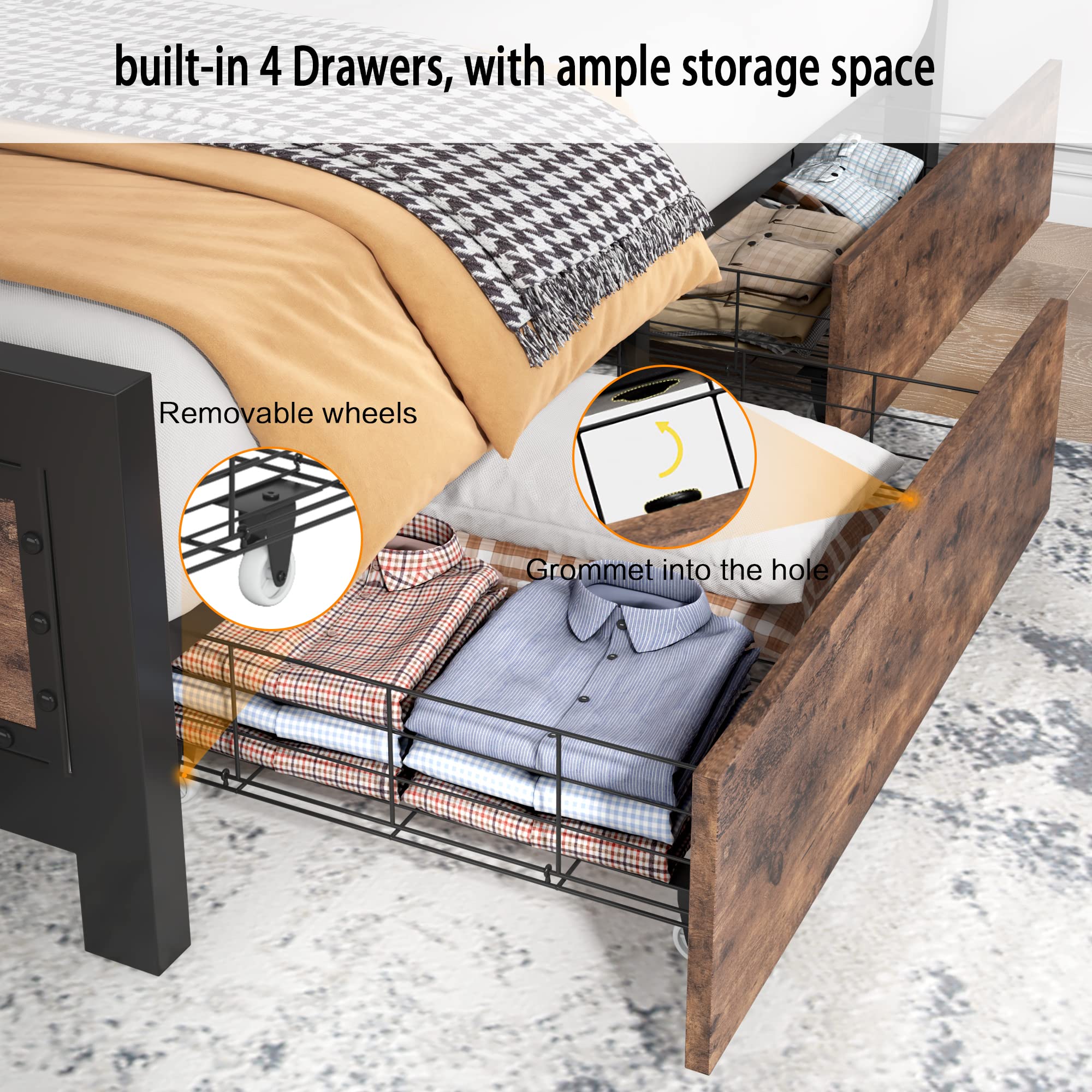 Keyluv Queen Bed Frame with 4 Storage Drawers, Rivet Modern Headboard and Footboard Platform Bed with Solid Wood Slats Support, No Box Spring Needed, Metal, Mattress Foundation Noise-Free