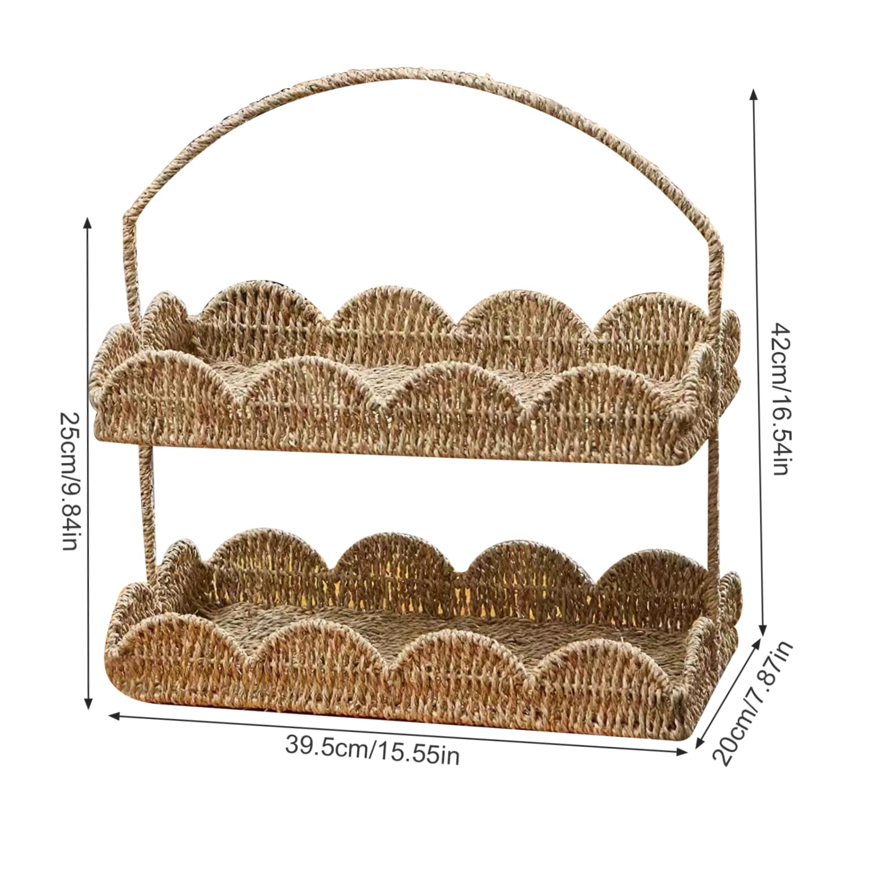 Seagrass Baskets 2 Layers Scalloped Basket Tray with Handle Rustic Decorative Woven Basket with Scalloped Edge Coffee Table Basket Organizer for Home Bedroom Living Room Organizing 15.6x7.9x9.8 Inch