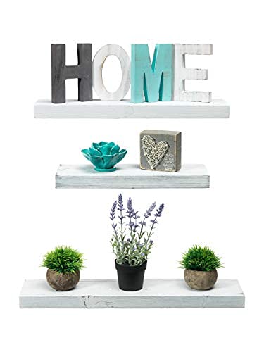Mark One Home Goods Rustic Farmhouse 3 Tier Floating Wood Shelf - Floating Wall Shelves (Set of 3), Hardware and Fasteners Included (White, 3 Tier)