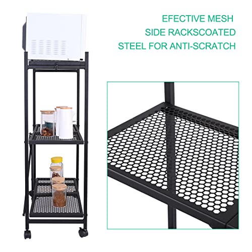 RokiaTek 3-Shelf Foldable Storage Shelves with Wheels, Large Capacity Metal Standing Shelving Unit, No Assembly Heavy Duty Organizer Rack for Kitchen, Garage, Basement, Pantry, Matte Black