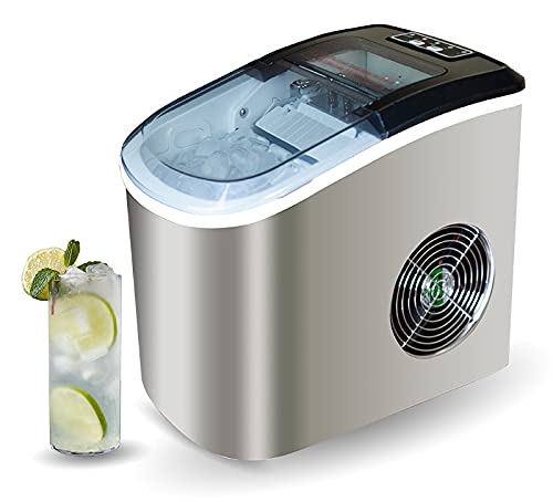 Angel Canada Stainless Steel Portable Ice Maker Compact Countertop with Panoramic View Window, Ice Cube Machine, Bullet Cubes in S/L Size 26 lb/24H for Home Office Party, Boat RV