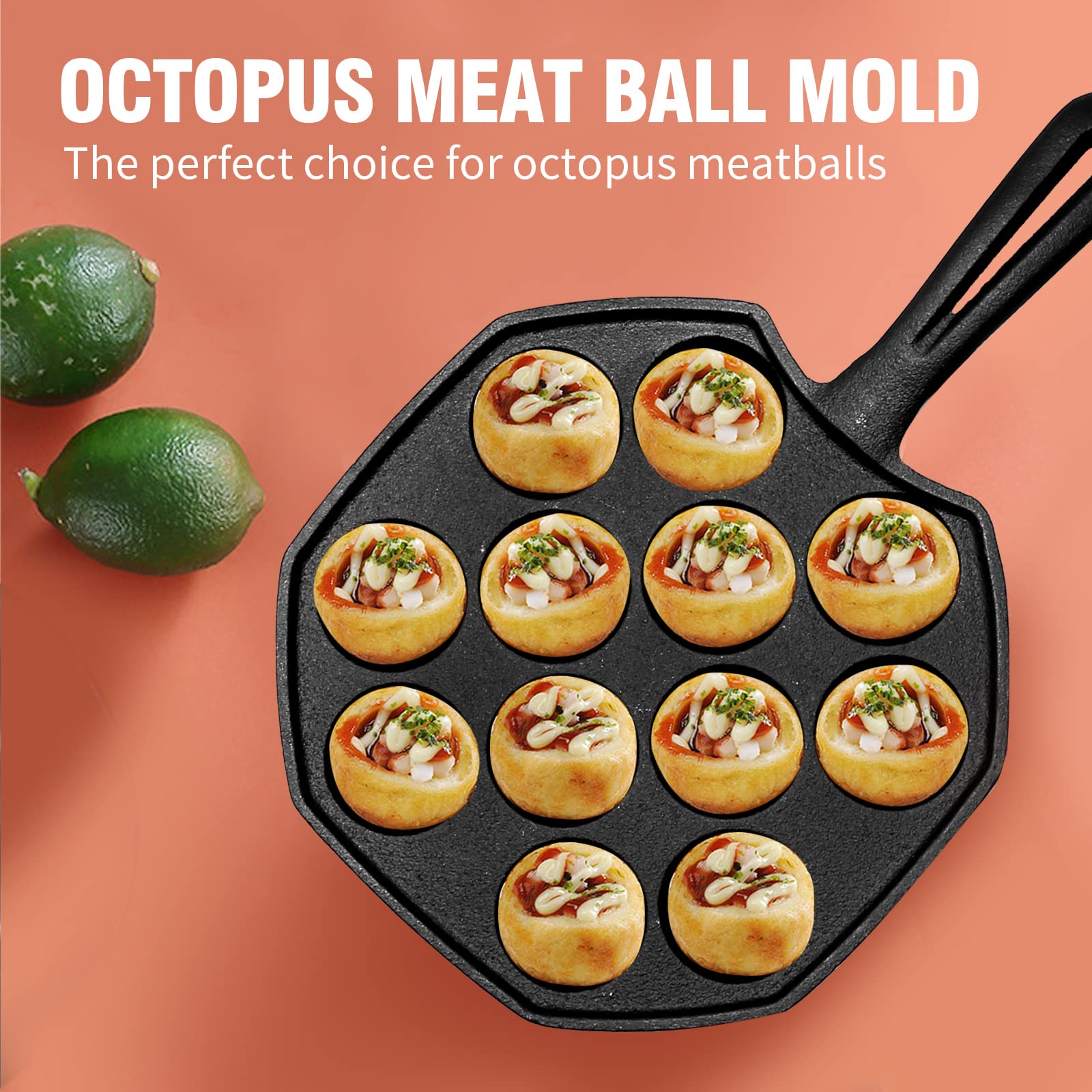 Anxingo Cast Iron Takoyaki Pan - 12 Hole Heavy Duty Square Cooking Plate Octopus Ball Maker 1.5" Half Sphere Takoyaki Maker for Baking Cooking