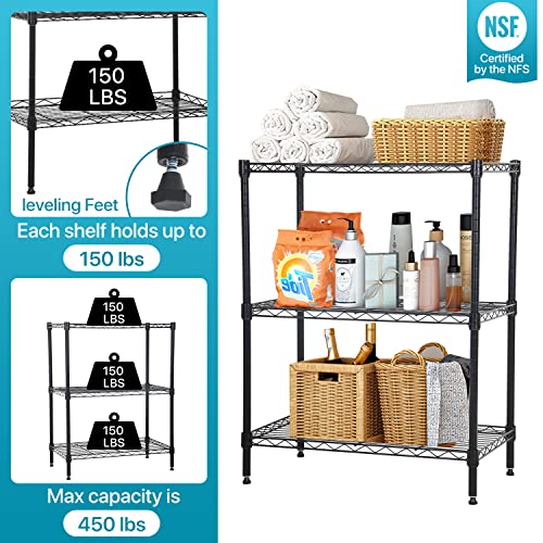 Storage Shelf Heavy Duty 3 Wire Shelving Unit Storage Rack Adjustable with Leveling Feet for Bathroom Kitchen Garage Laundry Pantry 450 LBS Capacity 23Lx13.2Wx30.2H, Black