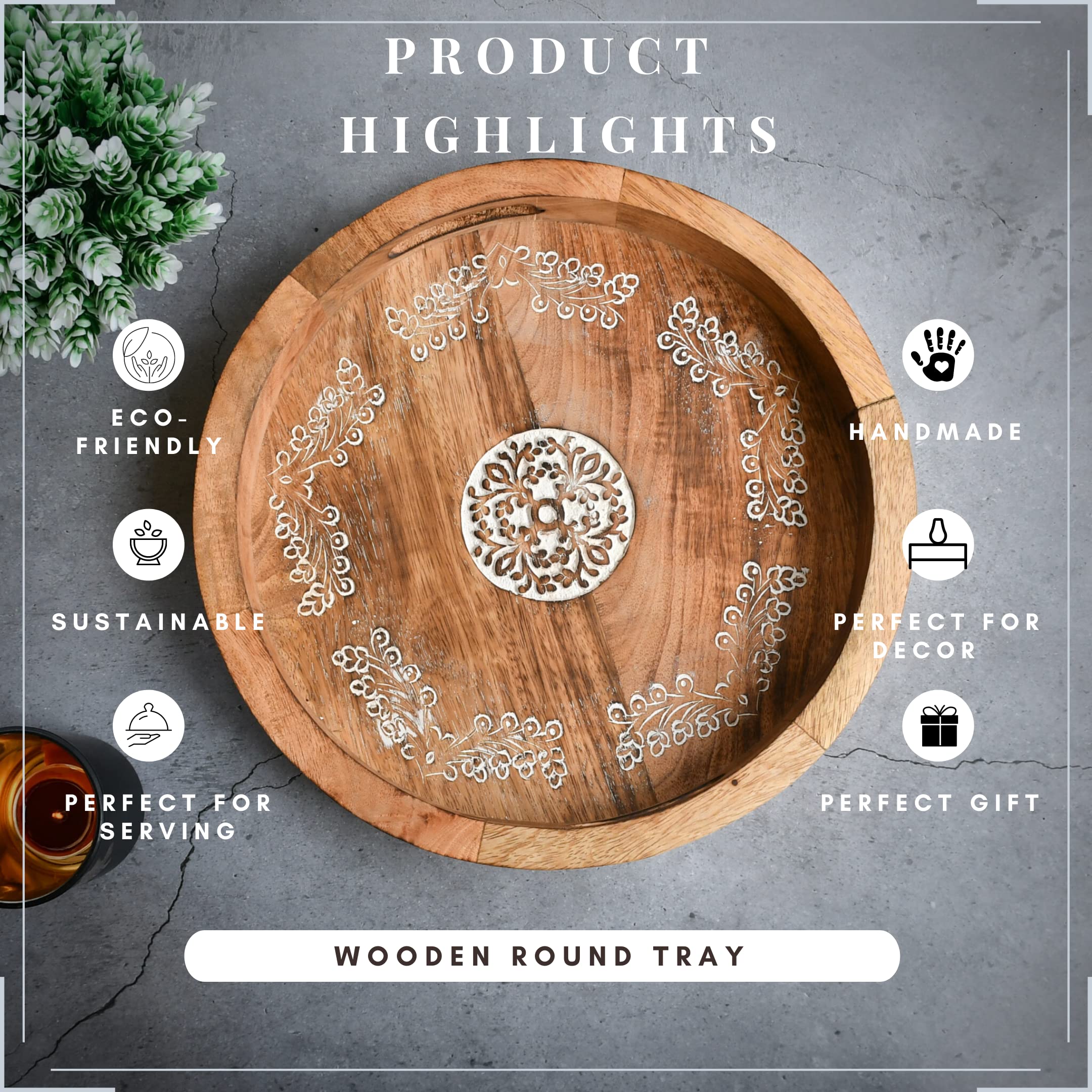 ARIJA Rustic Round Wooden Trays,Serving Tray with Handles - Food Serving Trays Ottoman Tray for Living Room- Rustic Home décor, Boho Décor Serving Tray Size 12 inch