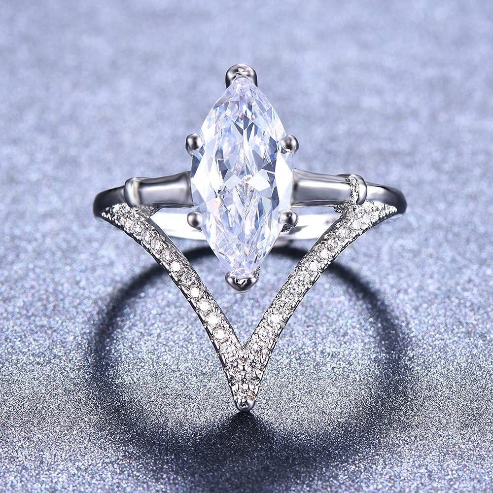 925 Silver Perfect Marquise Cut CZ Zircon 2.0 ct AAA Cubic Zirconia Promise Halo Shiny Half Full Diamond Gemstone V shape Triangle Ring Solitaire Ring Engagement Wedding Rings for Women (6)
