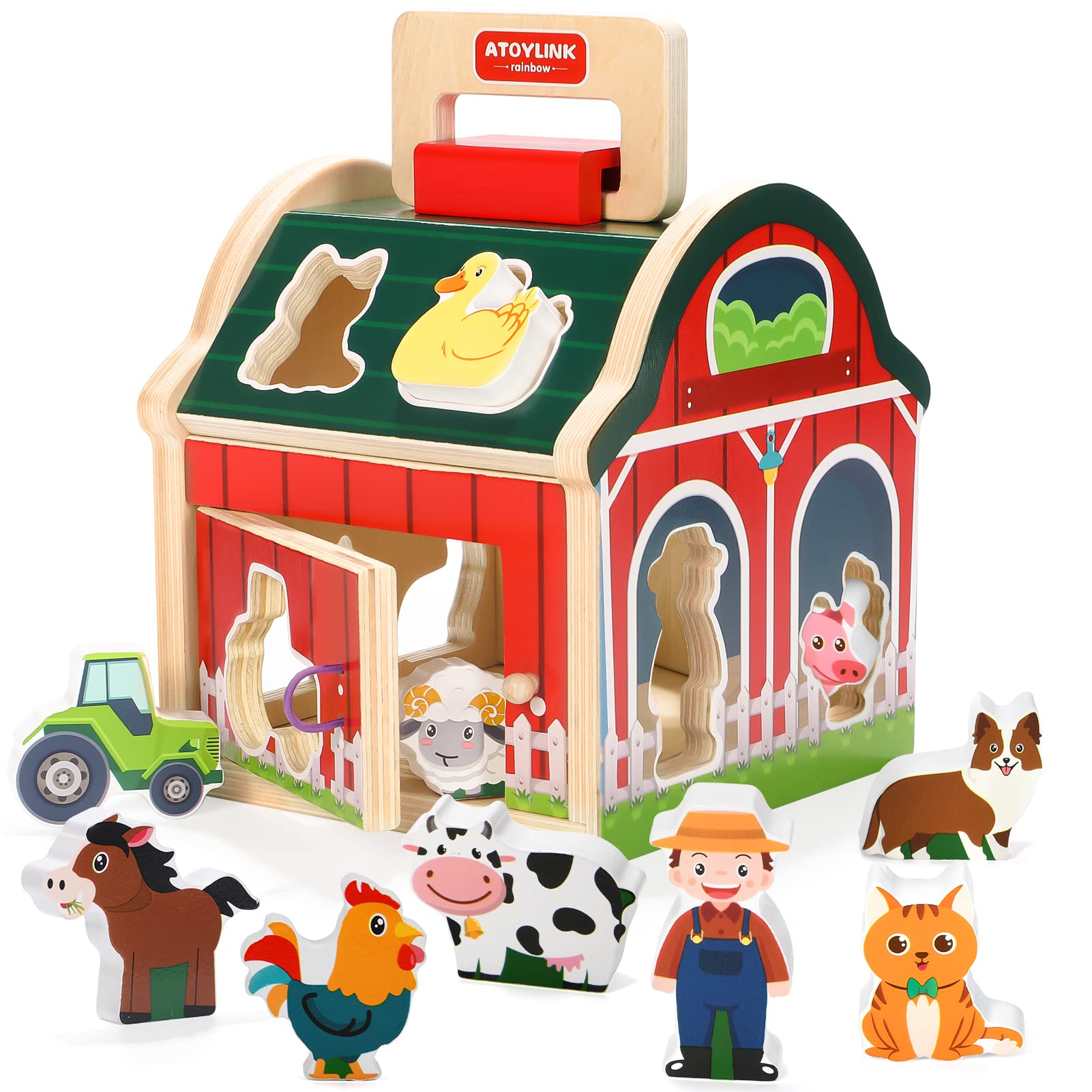 Atoylink Wooden Farm Toys for Toddlers 1 2 3 Year Old Take Along Matching Sorting Barn Farm Animals Playset Preschool Learning Educational Toy for Kids Boys Girls