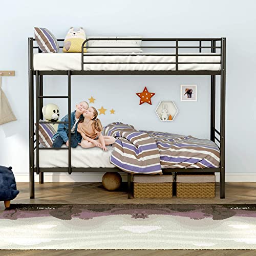 Alohappy Metal Bunk Bed Twin Over Twin, Twin Bunk Beds with Removable Ladder and Safety Guard Rail, 13.8β Under Bed Storage Space, No Box Spring Needed, Easy to Climb, Industrial Style(Black)