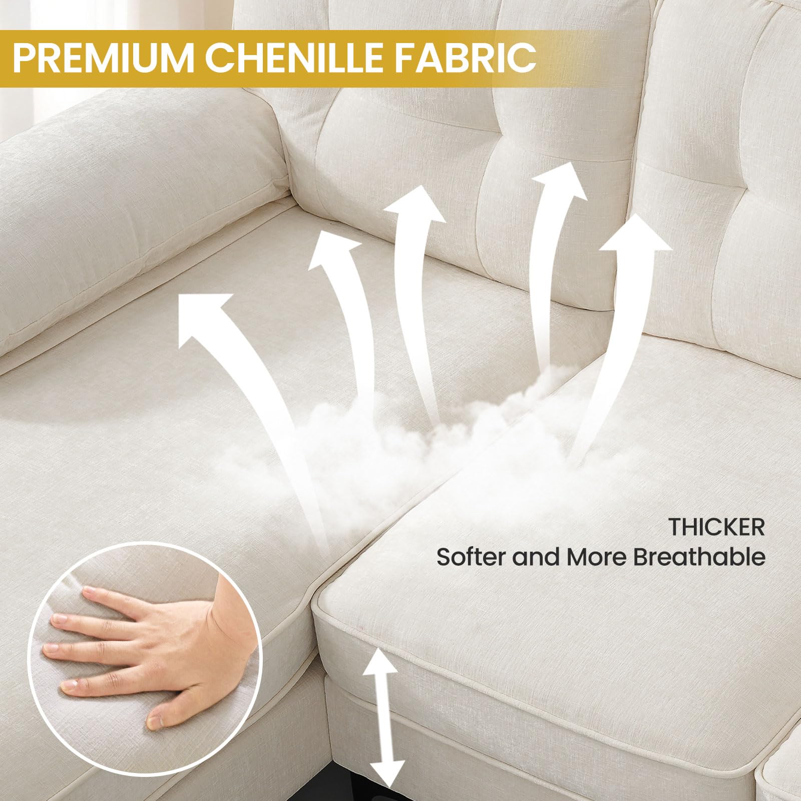 82" White Sectional Couch w/Chaise, Chenille Cream Convertible L Shaped Sofa Couch, Mid-Modern Century 3 seat Pet-Friendly Couch for Living Room, Apartment, Office with Removable & Washable Cushions