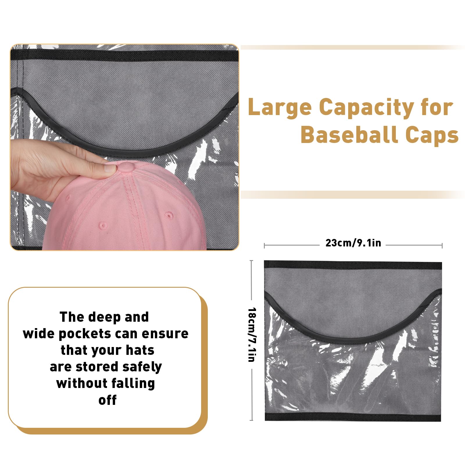 BiCINE Baseball Hat Rack, 24 Pocket Over The Door Cap Organizer with 3 Hooks, Cap Hat Holder Hanger For Closet With Large Clear Pockets, Hat Storage to Protect and Display, Black - 1 Pack