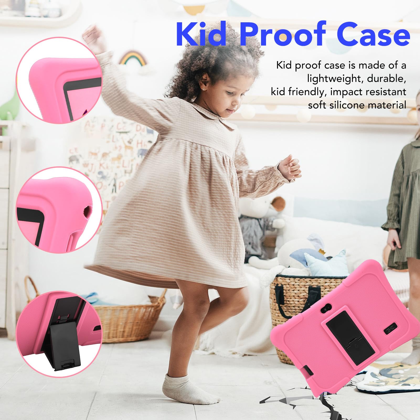 7inch Kids Tablet for Android 10.0, Children Tablet with 1GB RAM and 32 GB ROM, Support Bluetooth, WiFi, GMS, Parental Control, Dual Camera, Shockproof Kickstand Case (US Plug)