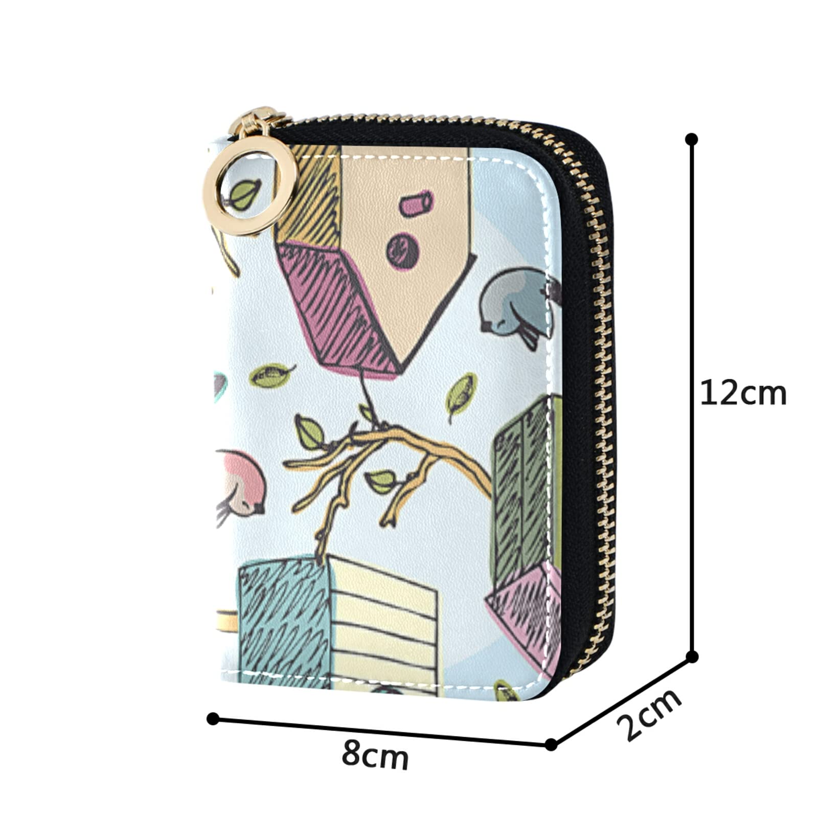 Colorful Birds and Starling Houses Tree Branches Blue SkyGrey Credit Card Coin wallet, RFID Blocking Compact Women Leather Card Holder, Key Change Organizer, Zipper Purse Clutch Pouch