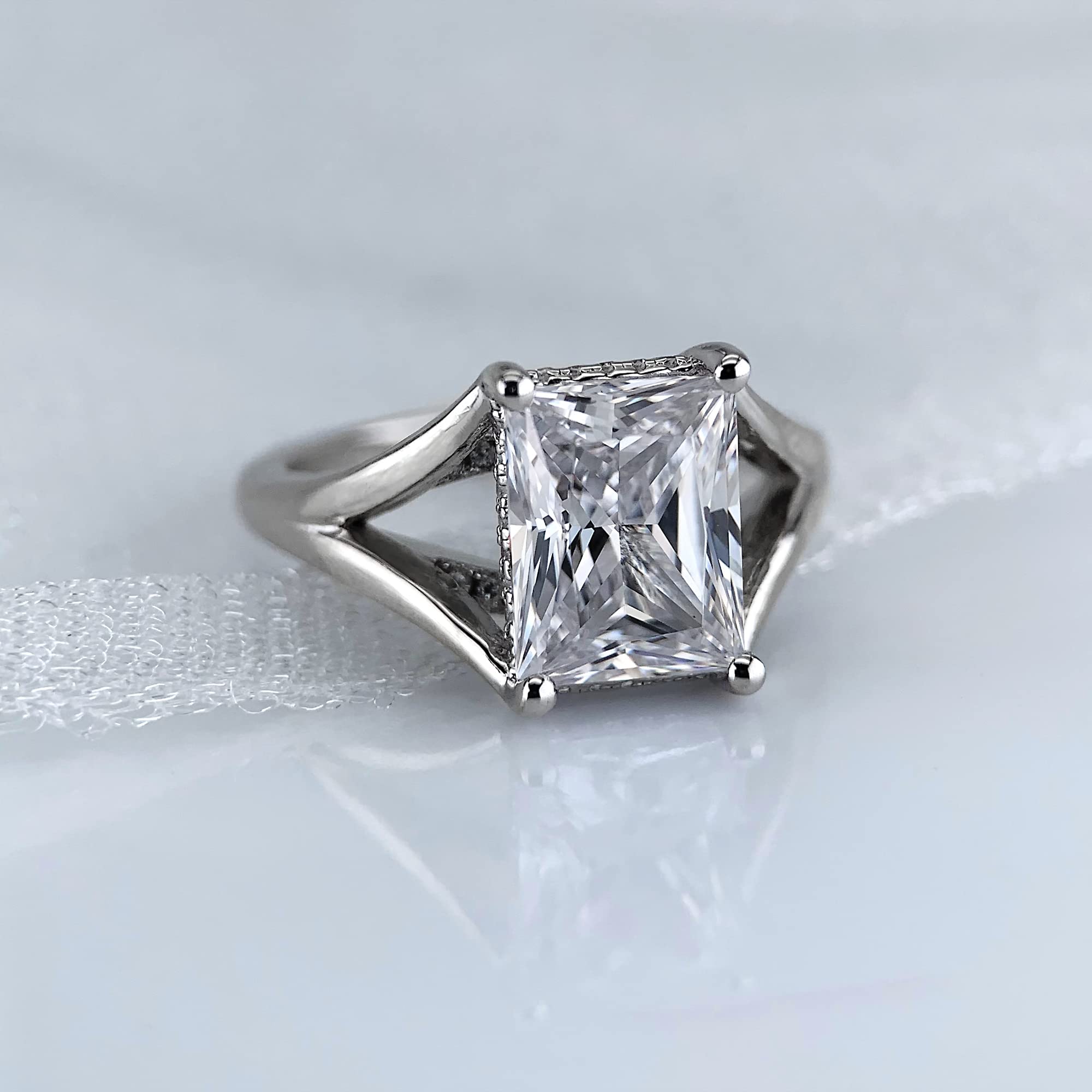 925 Sterling Silver 3ct Simulated Radiant Cut Diamond Engagement Rings For Women Comfort Fit Wedding Ring Size 5-10 (6.5)