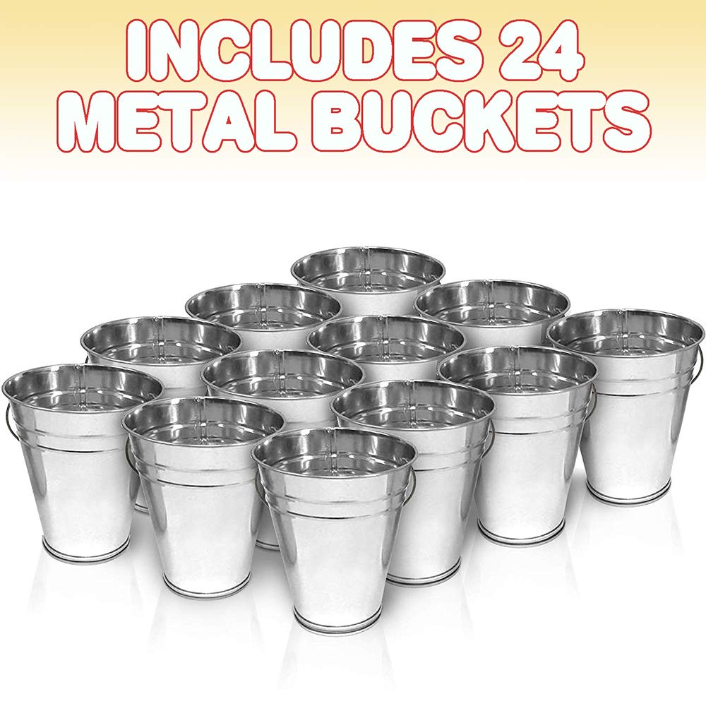 ArtCreativity Large Galvanized Metal Buckets with Handles, Set of 24, 5 Inch Metallic Pails, Rustic Wedding Decorations, Centerpieces for Party, Decorative Ice Buckets, Vase, Garden Planters
