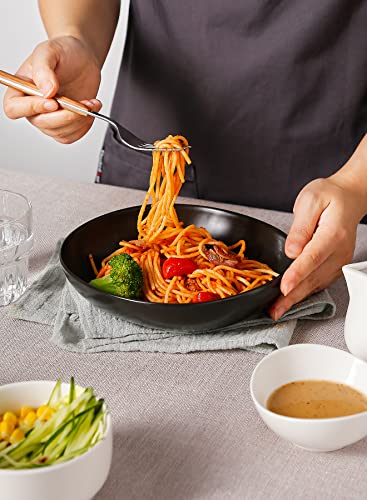 Teocera Wide and Shallow Porcelain Salad and Pasta Bowls Set of 6-24 Ounce Microwave and Dishwasher Safe Serving Dishes, Matte Black