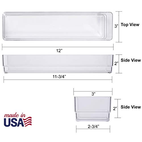 STORi SimpleSort 6-Piece Stackable Clear Drawer Organizer Set | 12" x 3" x 2" Rectangle Trays | Narrow Makeup Vanity Storage Bins and Office Desk Drawer Dividers | Made in USA