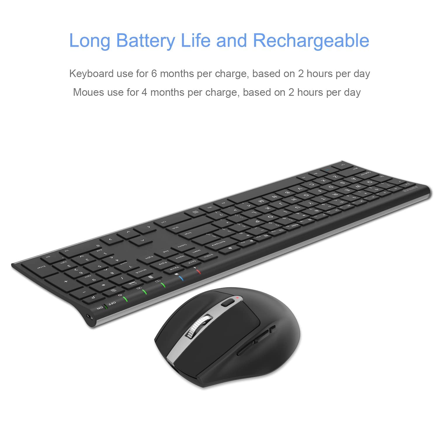 Arteck 2.4G Wireless Keyboard and Mouse Combo Stainless Steel Ultra Slim Full Size Keyboard Keyboard and Ergonomic Mice for Computer Desktop PC Laptop and Windows 10/8/7 Build in Rechargeable Battery