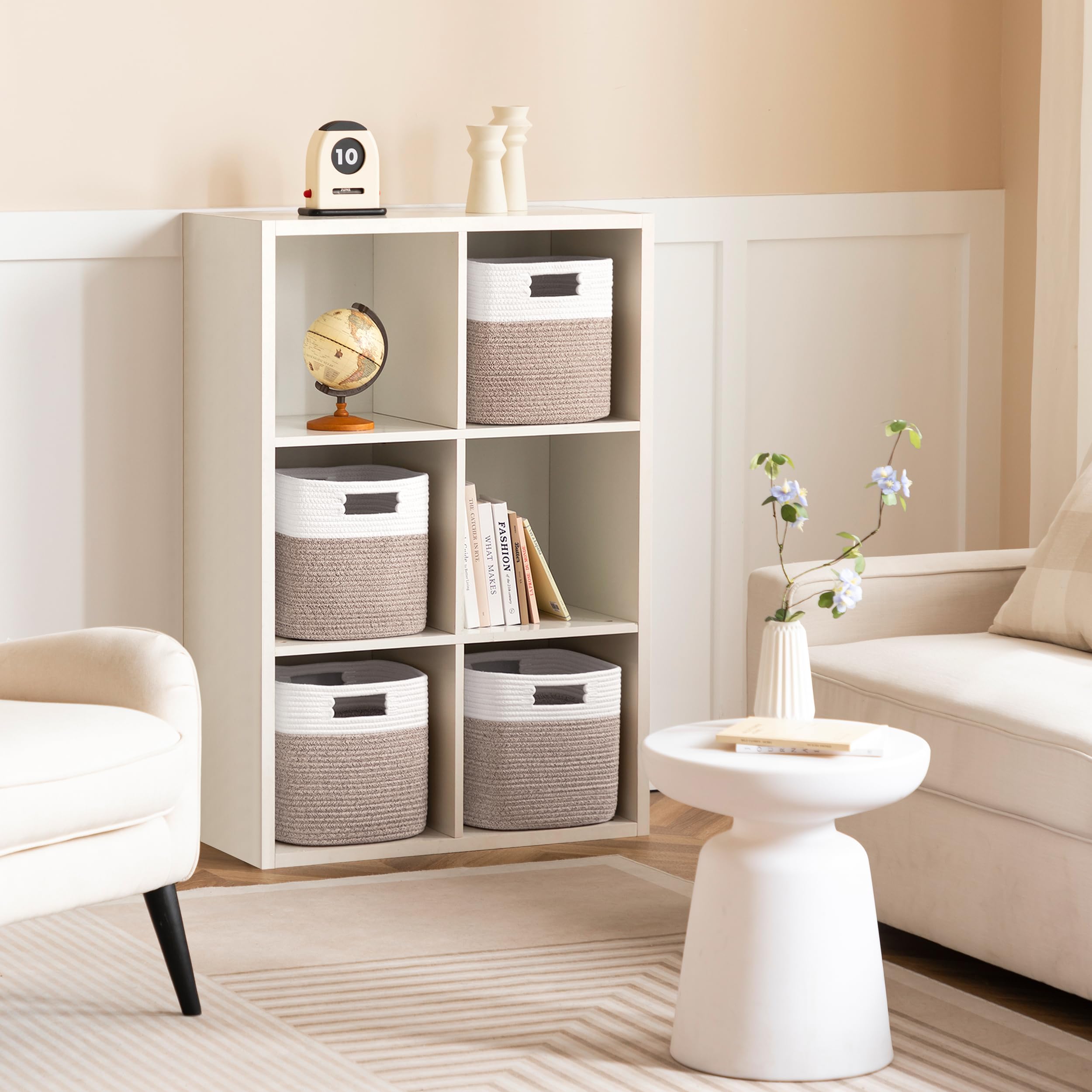 Dreamcountry 13x13 Cube Storage Bins, Storage Cubes with Handles, 4 Pack Cotton Rope Basket for Shelves, Cube Storage Organizer forToys, Book, Clothes, Home, Office, Nursery, White/Brown