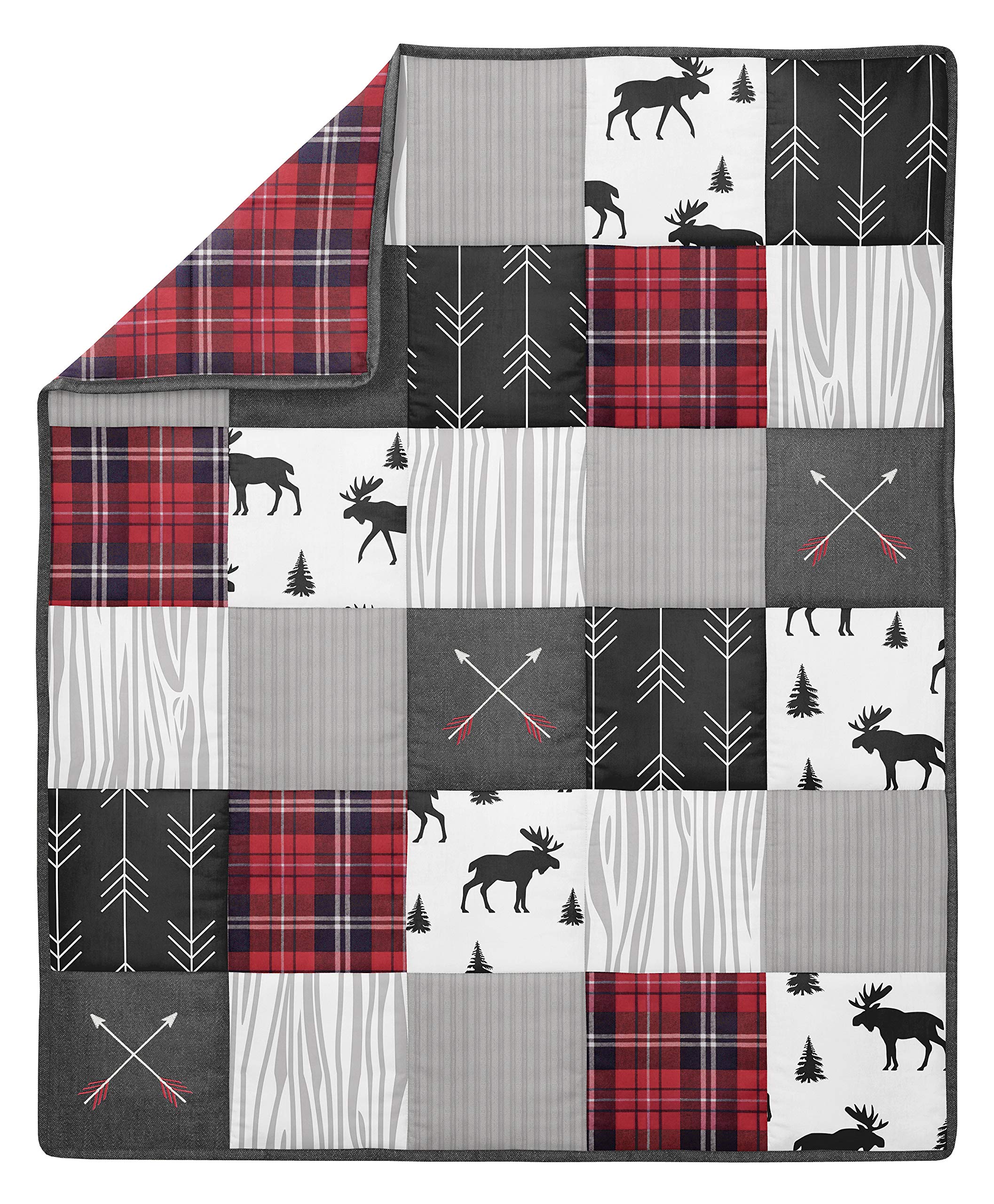 Sweet Jojo Designs Grey, Black and Red Woodland Plaid and Arrow Rustic Patch Baby Boy Crib Bedding Set 4 pieces - Flannel Moose Gray