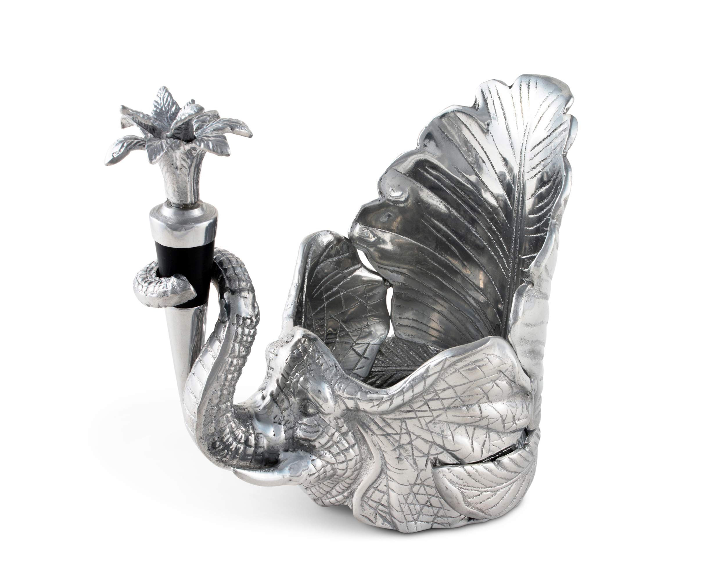 Arthur Court Aluminum Metal Elephant Wine Coaster and Stopper Set Sand casted Artisan Metal 4.5 inch Diameter Coaster 7 inch Tall