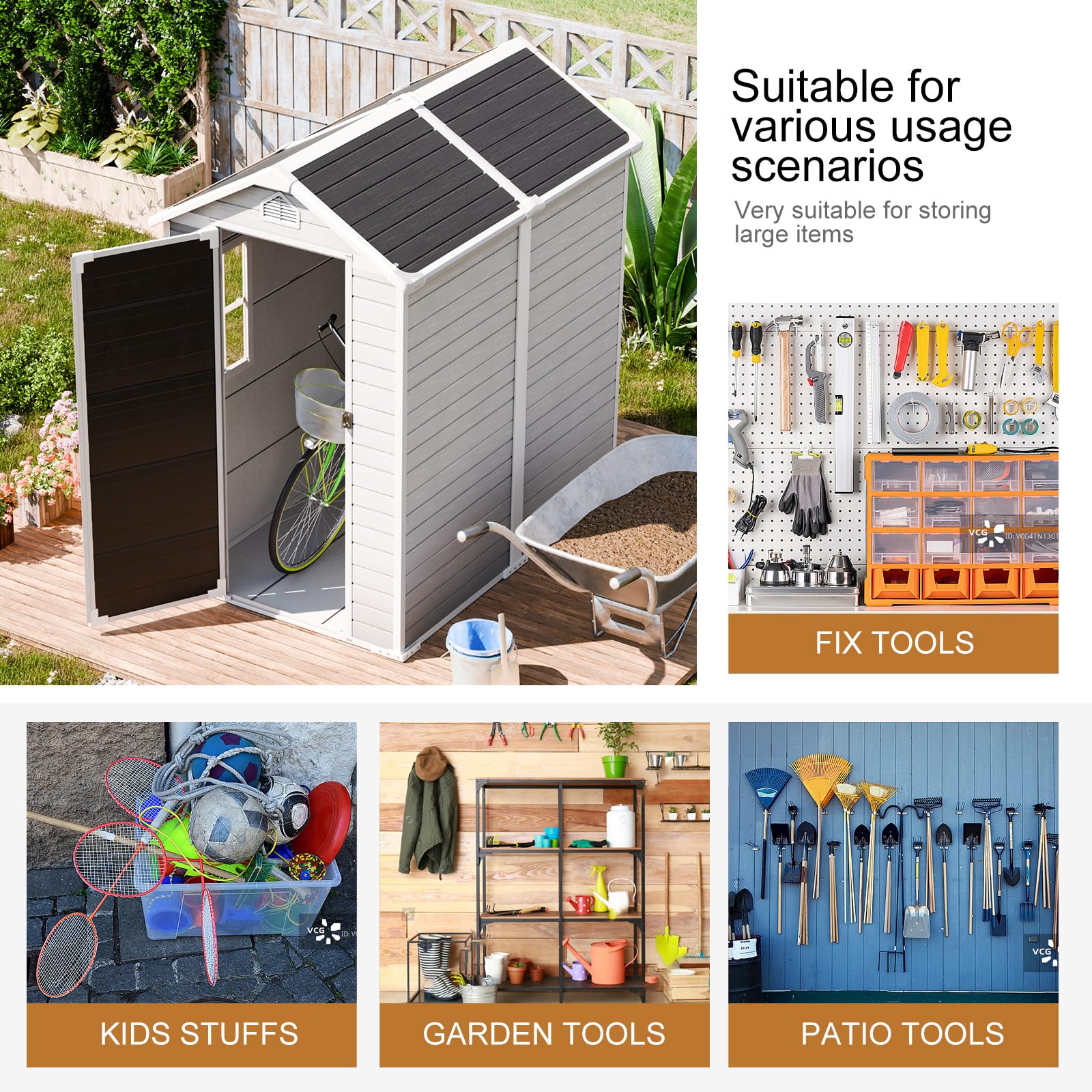 Outdoor Resin Storage Shed 6x4 FT, Large Waterproof Outside Sheds Storage with Floor Window Lockable Door Included, Plastic Sheds for Backyard Garden Patio Lawn Tools, Gray