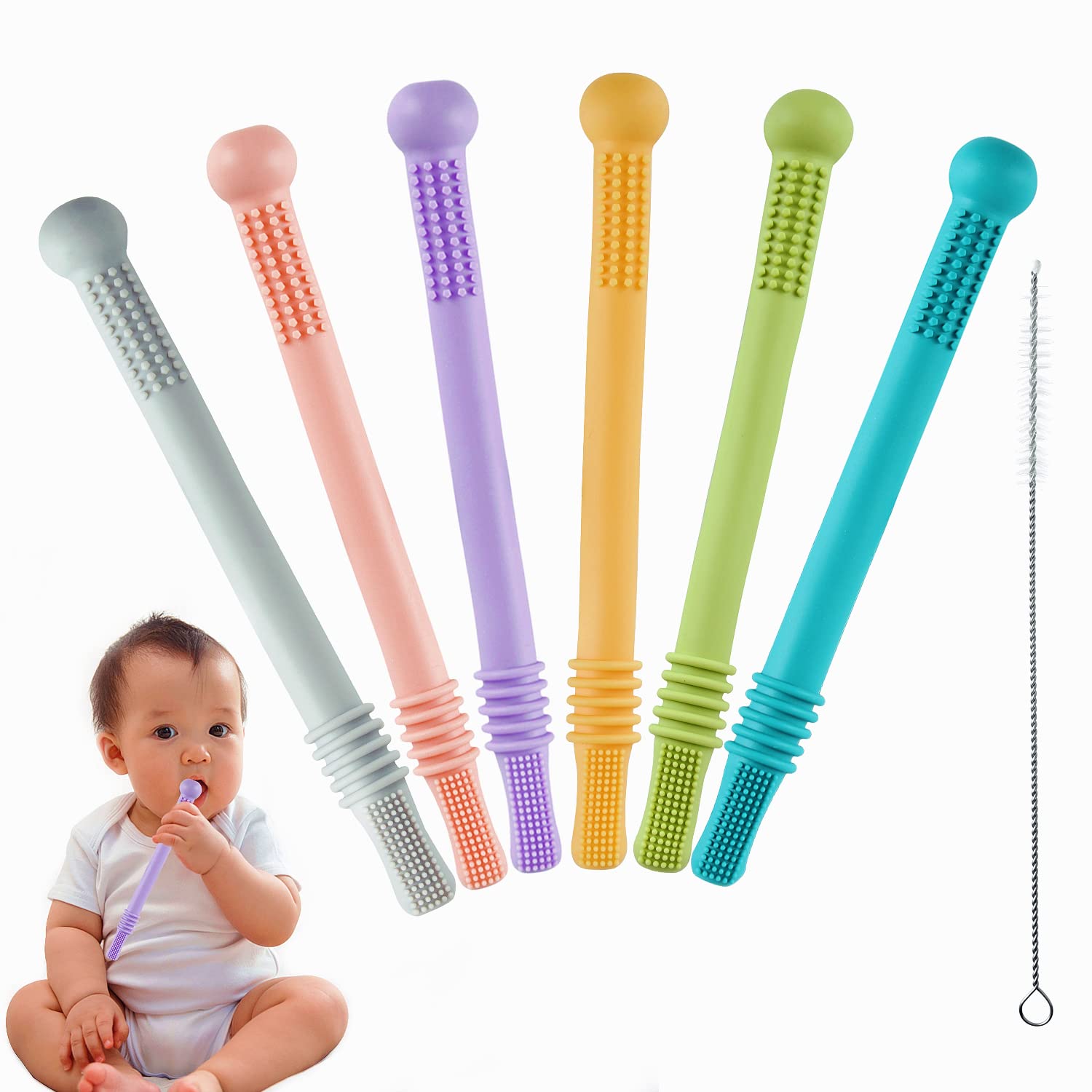 Chuya 6 Pack Hollow Teether Tube, Silicone Tubes Baby Teether Toys, Chew Straws Toy for 3-12 Months Babies Molars, Teething Relief Baby Teethers,BPA Free/Freezable,Dishwasher Safe,Easy to Clean