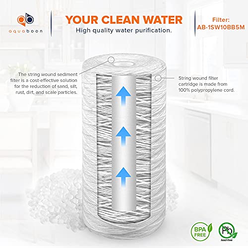 Aquaboon 4.5β x 10" Whole House Water Filter System with Pressure Release (1" Port) & Aquaboon 5 Micron 10" String Wound Sediment Water Filter Cartridge