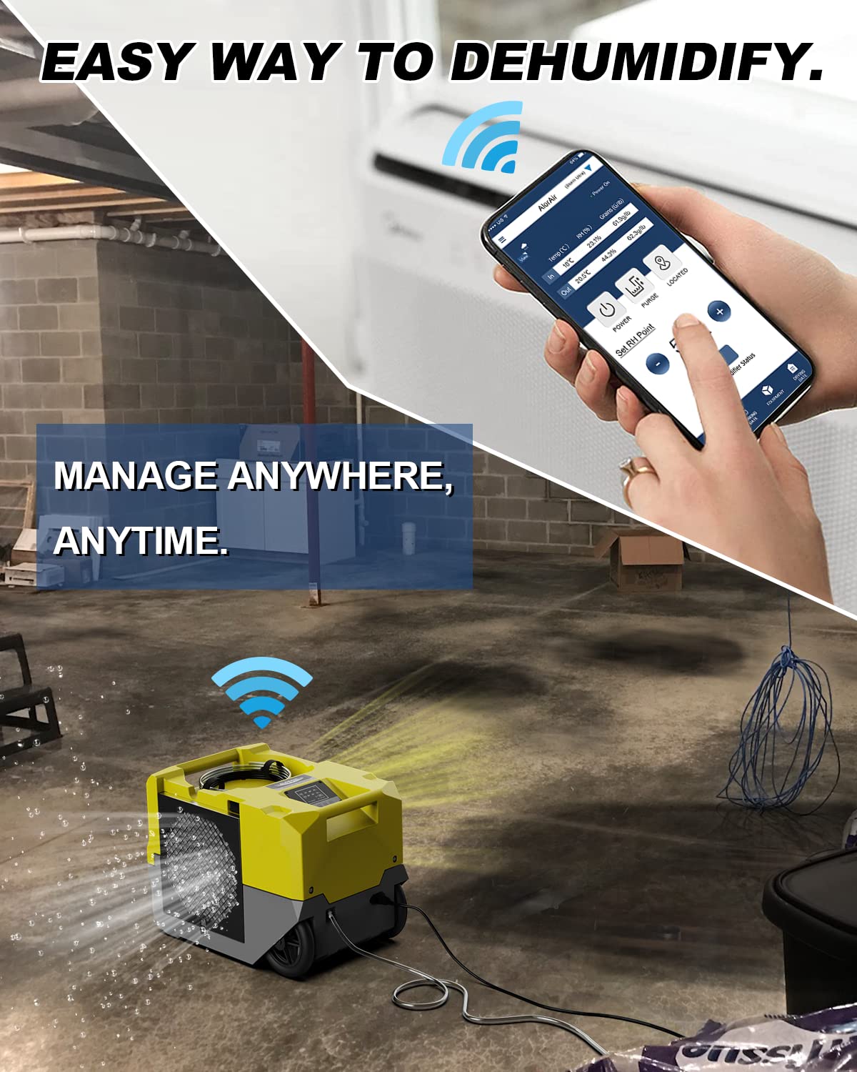 ALORAIR Smart WiFi Dehumidifier, 264 PPD High Performance, Commercial Dehumidifier with Pump, Compact, Portable, Industrial dehumidifier for Disaster Restoration, Yellow
