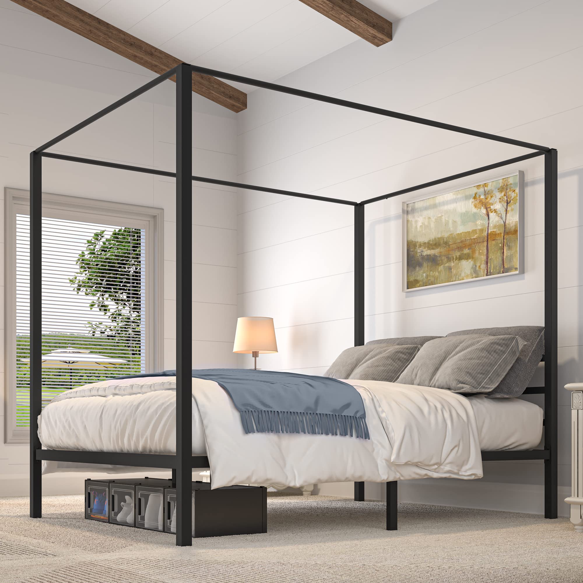 YITAHOME Canopy Bed Frame Metal Four Posters 14 Inch Platform with Built-in Headboard Strong Metal Slat Mattress Support, No Box Spring Needed, Black, Queen Size