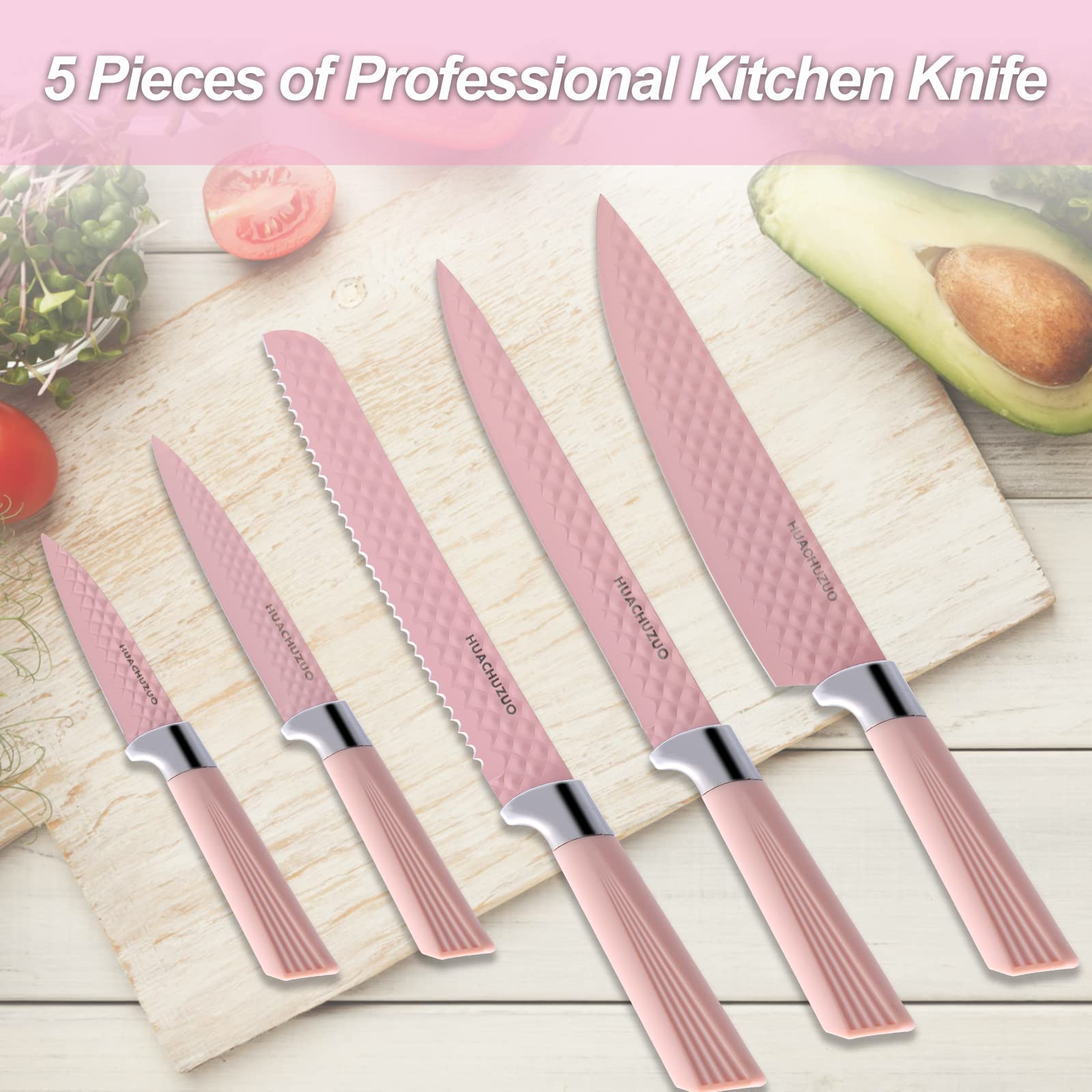 CHUYIREN Pink Knife Set of 6, Pink Kitchen Knives Sets with Knife Block, Chef Knife Set for Kitchen, Camping, Dorm, Picnicking, BBQ Dining Products