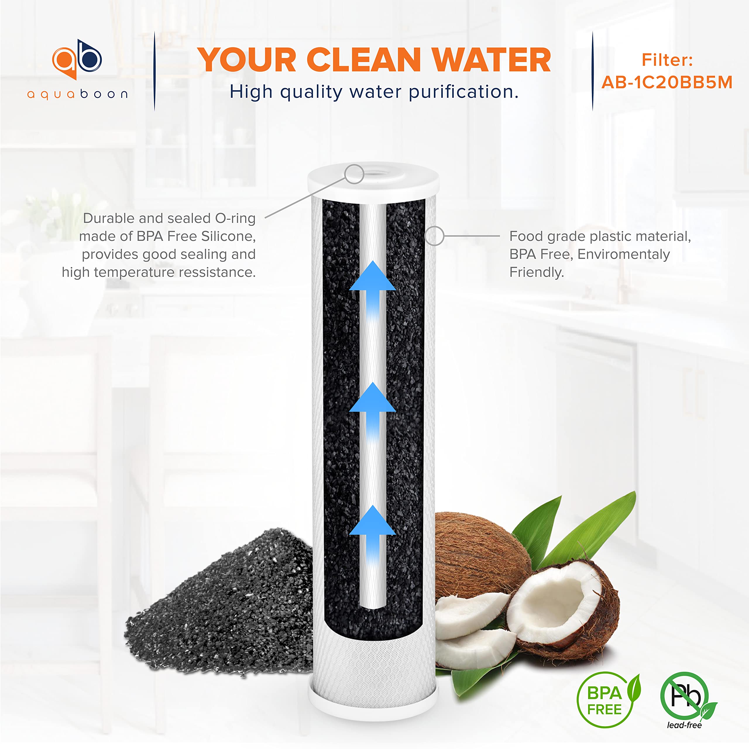 AQUABOON 5 Micron 20" x 4.5" KDF, Sediment & CTO Carbon Block Replacement Filter Cartridges Set | 1 set, 3 filters in a Set | COMPATIBLE WITH: EP20-BB, 2C-20BB, 155358-43, DGD-5005-20