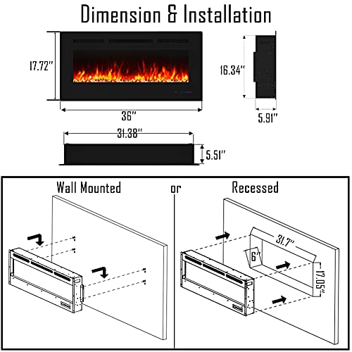 Cheerway 36 inch Wall Mounted &Recessed in Wall Electric Fireplace with Heater, Linear Wall Fireplace w/Thermostat, Adjustable Flame&Fuel Color, Remote & Touch Control w/Timer, 750W/1500W