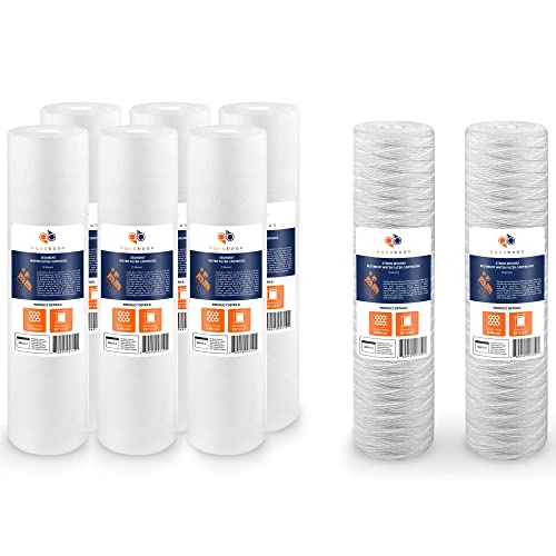 Aquaboon 6-Pack of 5 Micron 20" x 4.5" Sediment Water Filter Replacement Cartridge & Aquaboon 2-Pack String Wound Sediment Water Filter Cartridge | Universal Whole House 5 Micron 20 inch Cartridges