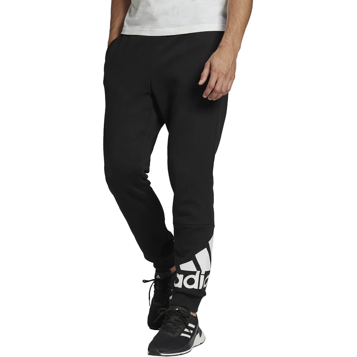 adidas Men's Essentials Fleece Tapered Cuff Logo Pants, Black/White, Large