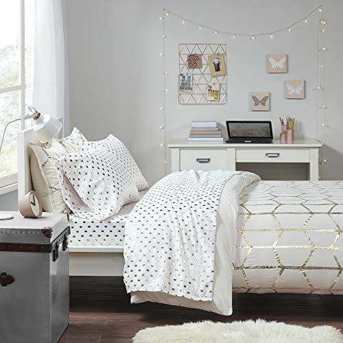 Intelligent Design Microfiber Cozy Bed Sheet Set, Modern All Season Bedding & Pillowcases, Premium 14" Elastic Pocket Fits up to 16" Mattress, Queen White/Gold Metallic Dot 4 Piece