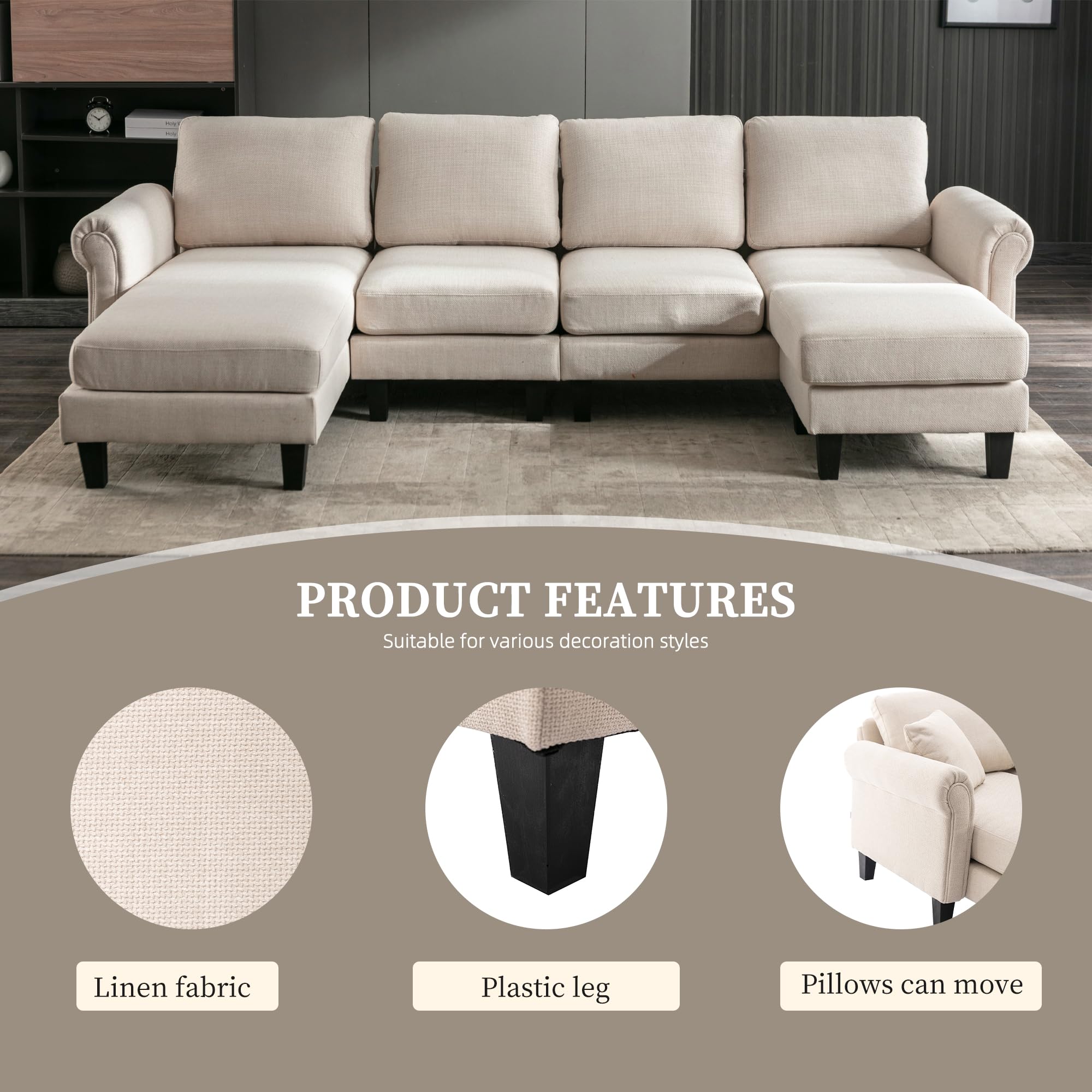 Ball & Cast 108.66" Modular Sectional Sofa with Removable Ottoman,U-Shaped 3 Seater Sofa with Reversible Chaise and Rolled Arms for Living Room, Apartment, Linen Fabric,Beige