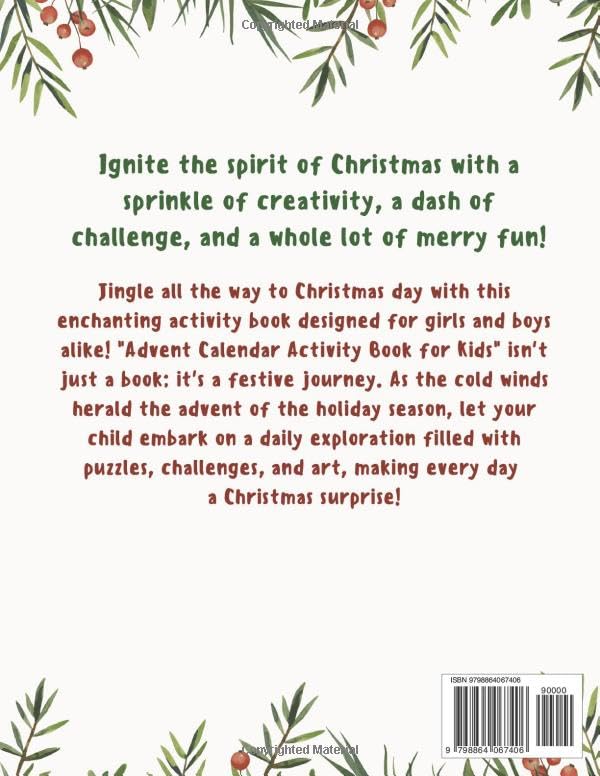 Advent Calendar 2023 Girls and Boys: Christmas Countdown Activity Book for Kids: Daily Challenges, Coloring Pages, Mazes, Word Searches