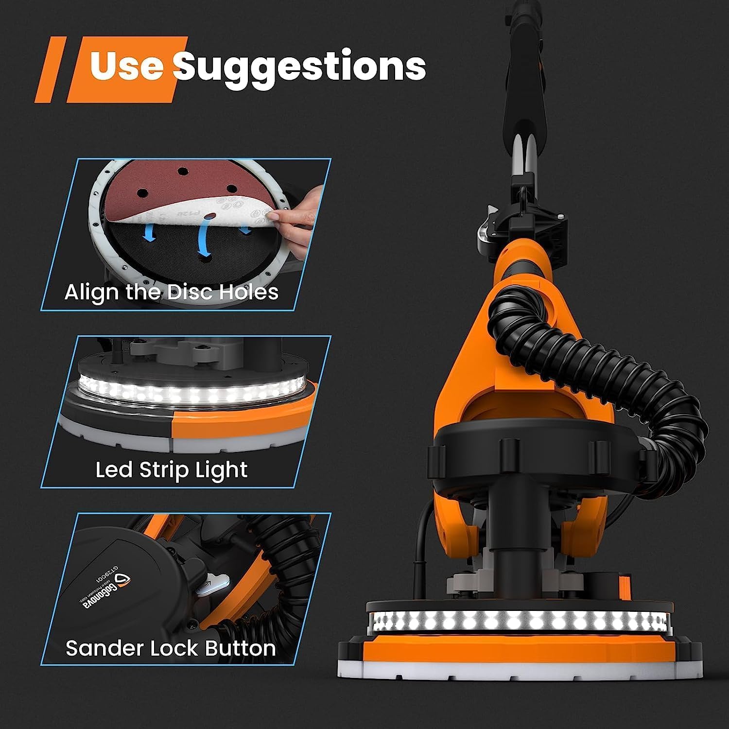 GoGonova Drywall Sander, 950W 7.9A Electric Drywall Sander with Vacuum, Auto Dust Extraction, 6 Variable Speed 500-1900RPM, Foldable Wall Sander with LED Light, 16pcs Sandpaper, Extendable Handle