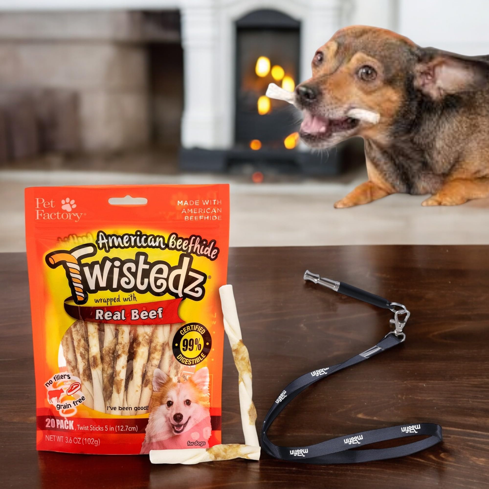 Frontier Turmeric Root Powder Beef Hide Dog Chews Treats 3.6 Oz, 20 Count, 5" Twistedz with Real Beef Center, Bundle Training Stainless Steel clicker Whistle [Pack of 3]