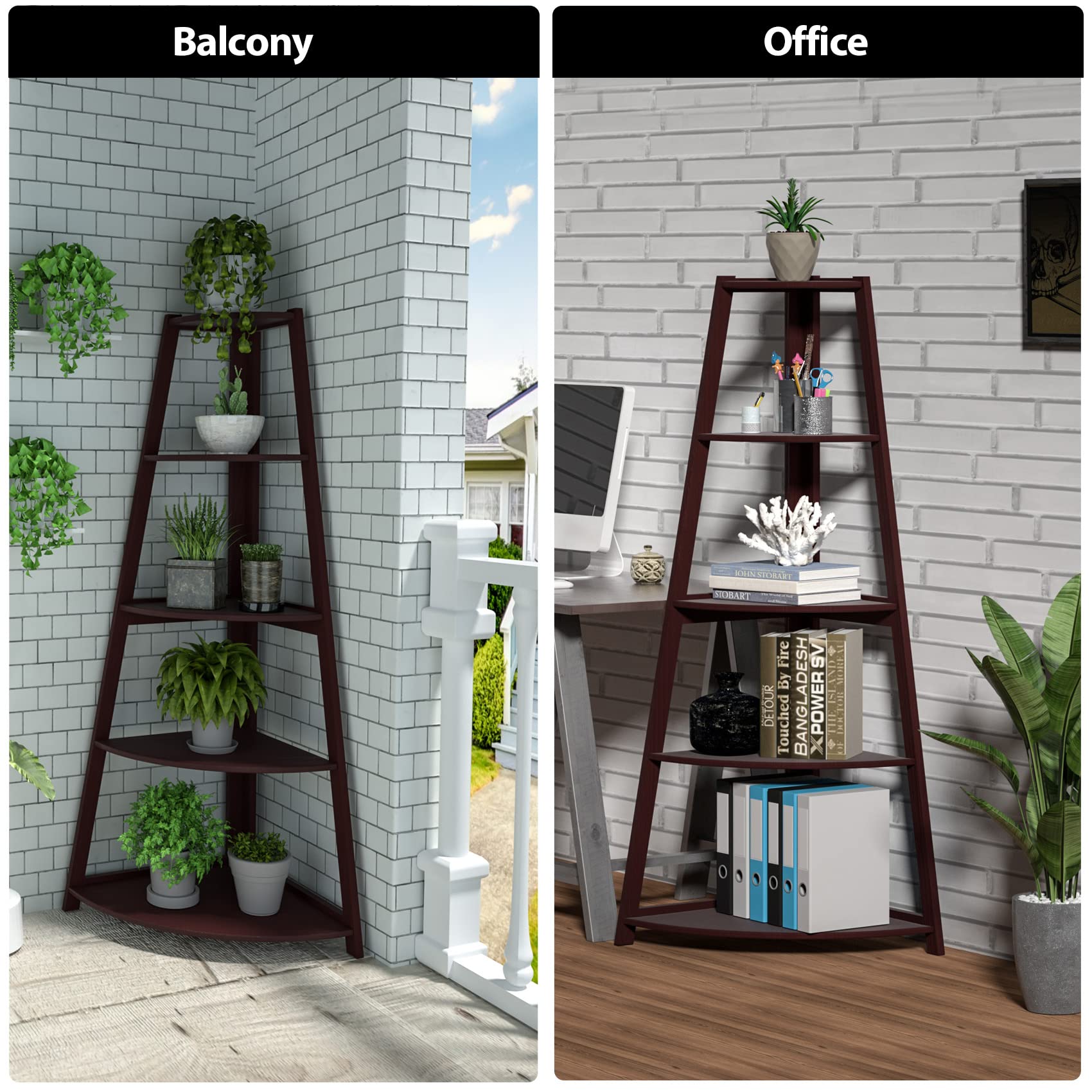 Corner Shelf, TopMade 5-Tier Corner Shelf Stand Industrial Ladder Bookcase Small Storage Rack Bookshelf Float Corner Shelves Wood Furniture Plant Stand for Living Room Kitchen Home Office-Rustic Brown