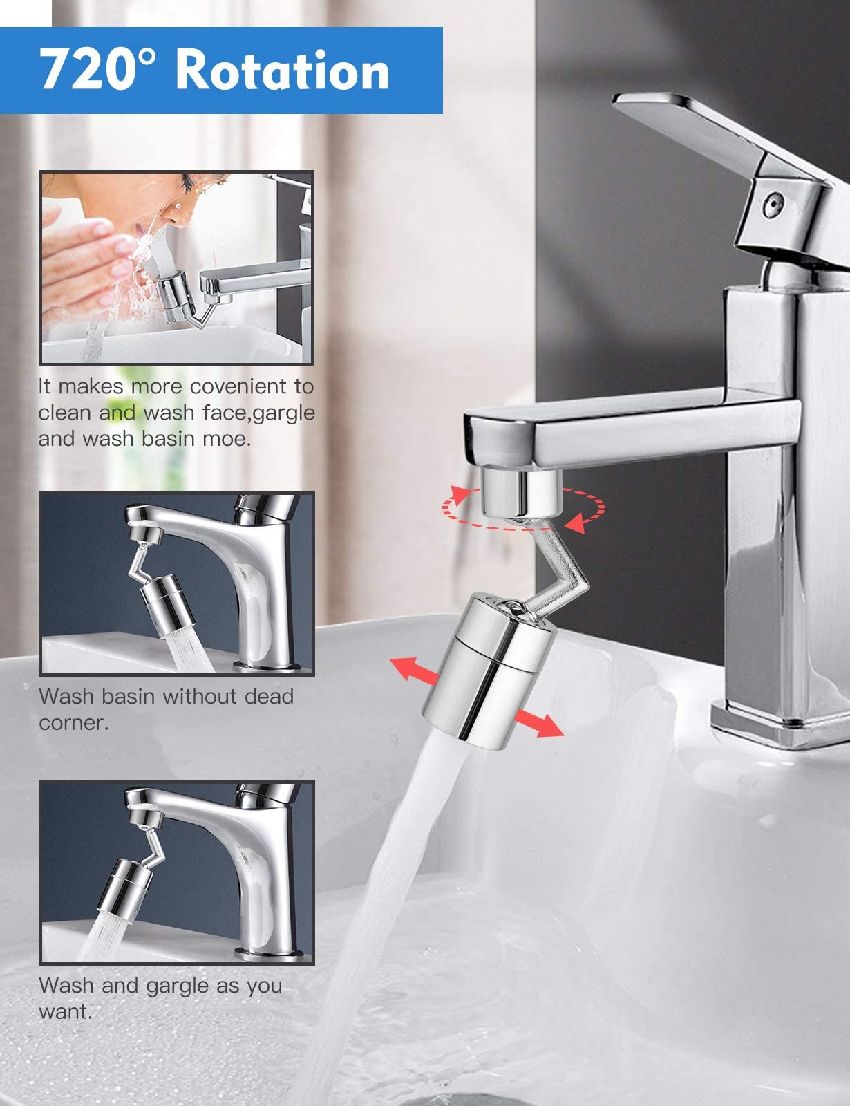 Aitsite Universal Splash Filter Faucet, 720° Rotatable Faucet Sprayer Head, Anti-Splash, Oxygen-Enriched Foam, 4-Layer Net Filter, Leakproof Double O-Ring Applicable Internal Thread 22-24mm