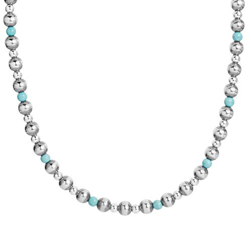American West Sterling Silver Women's Strand Necklace Blue Turquoise Gemstone and Silver Beaded 15 to 17 Inch