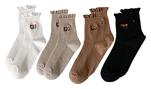 AHLOKI Womens Socks, Ruffle Turn-Cuff Casual Ankle Socks Cool Thin Cotton Knit Lettuce Low Cut Frilly Sock (Color : Mixi-4pcs)