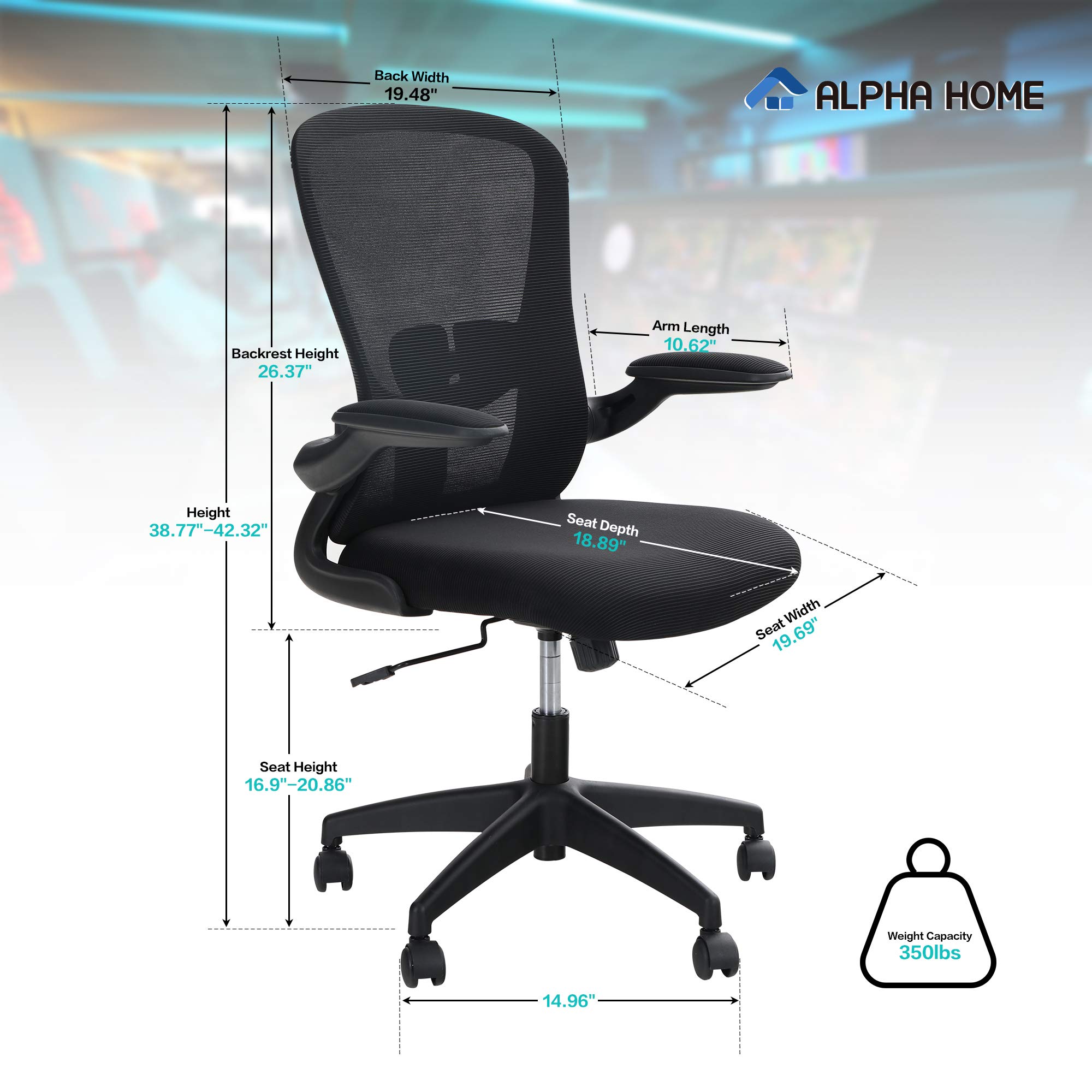 ALPHA HOME Ergonomic Office Chair Mid Back Computer Desk Chair with Flip-up Tufted Armrest Executive Adjustable Chair with Lumbar Support Mesh Rolling Swivel Chair with Casters-Capacity 250LBS