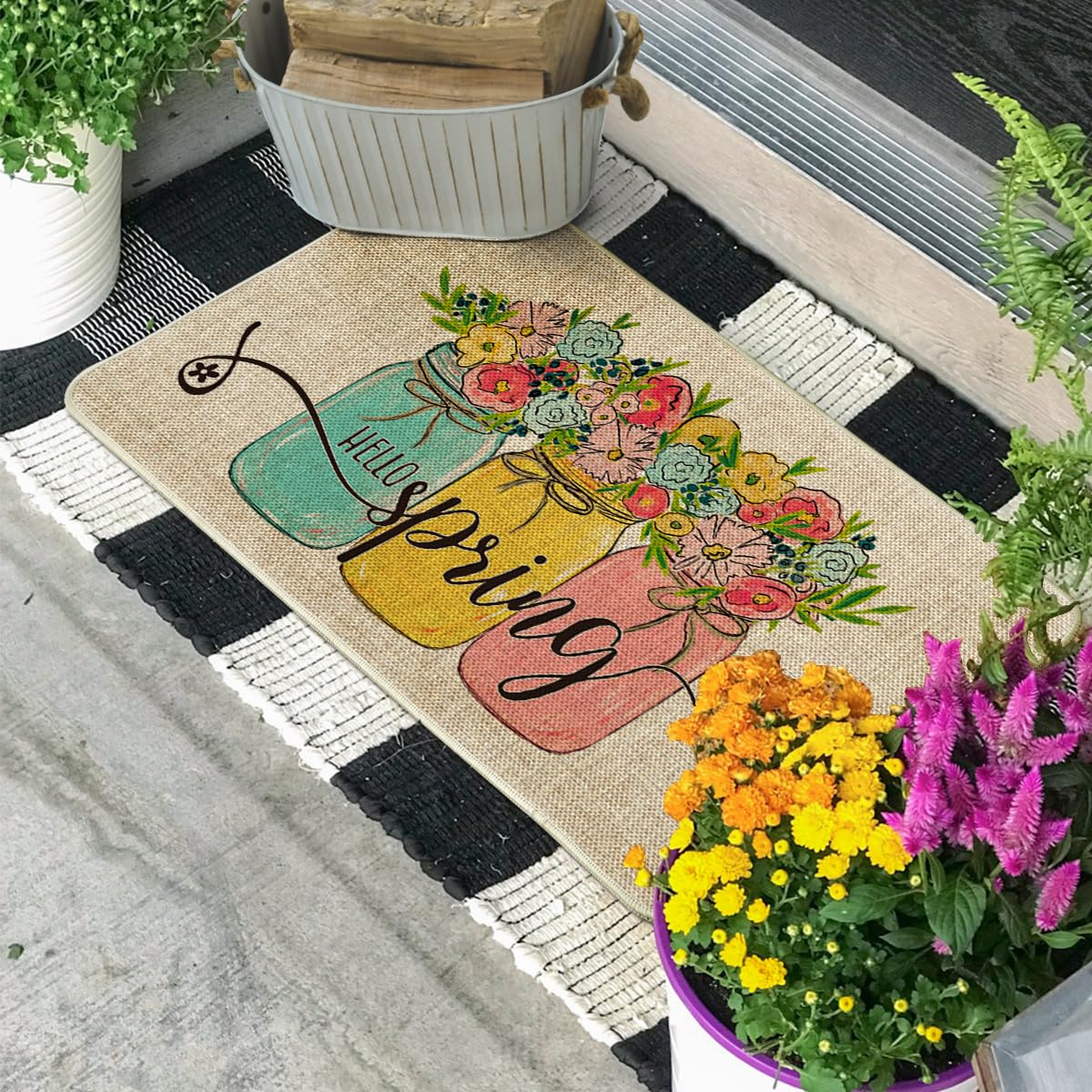 Artoid Mode Vase Hello Spring Doormat, Seasonal Spring Summer Easter Holiday Anniversary Low-Profile Yard Floor Switch Mat for Indoor Outdoor 17 x 29 Inch