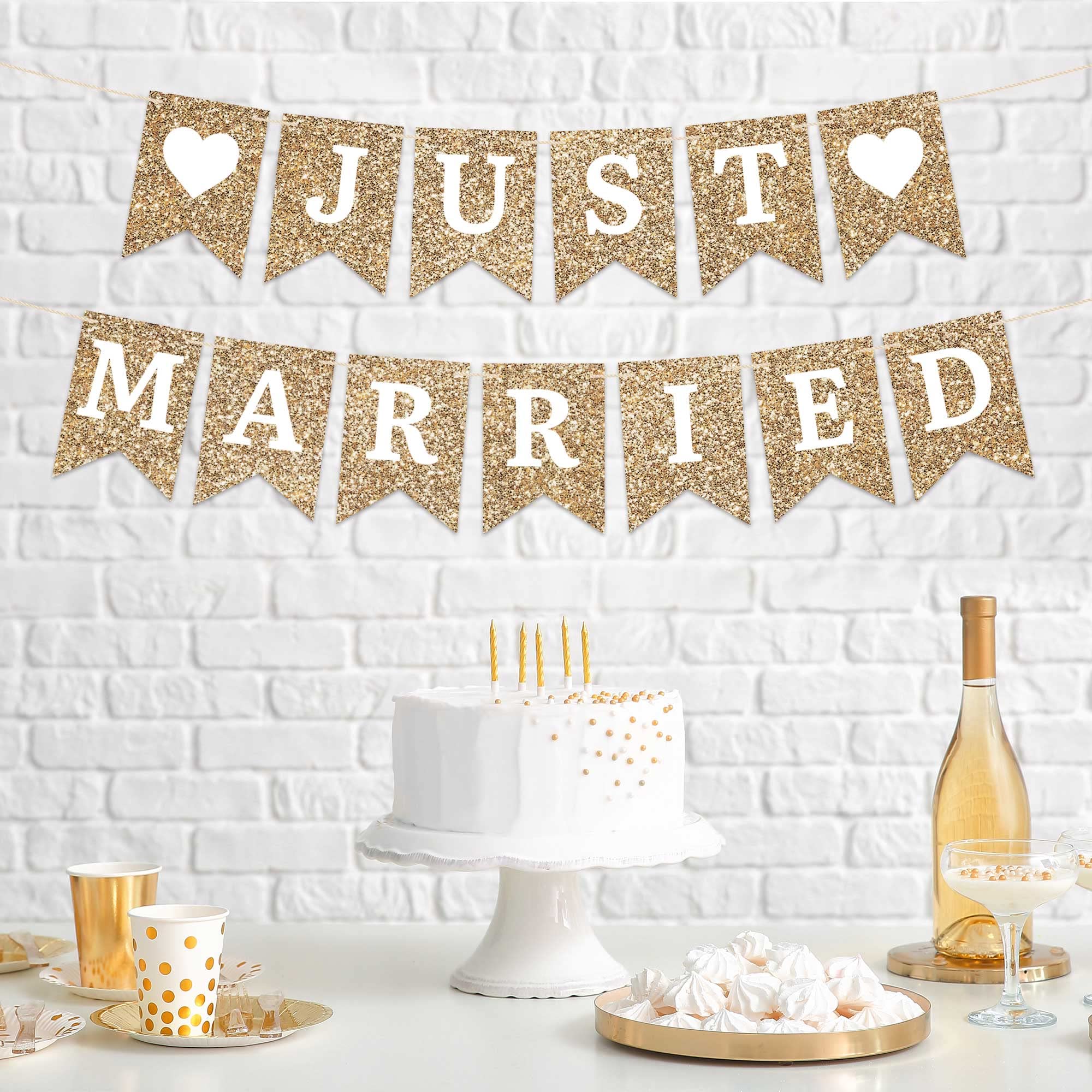 Pre-Strung Just Married Banner - NO DIY - Gold Glitter Wedding Party Banner - Pre-Strung Garland on 6 ft Strands - Gold Wedding Reception Party or Car Decorations & Decor. Did we Mention no DIY?