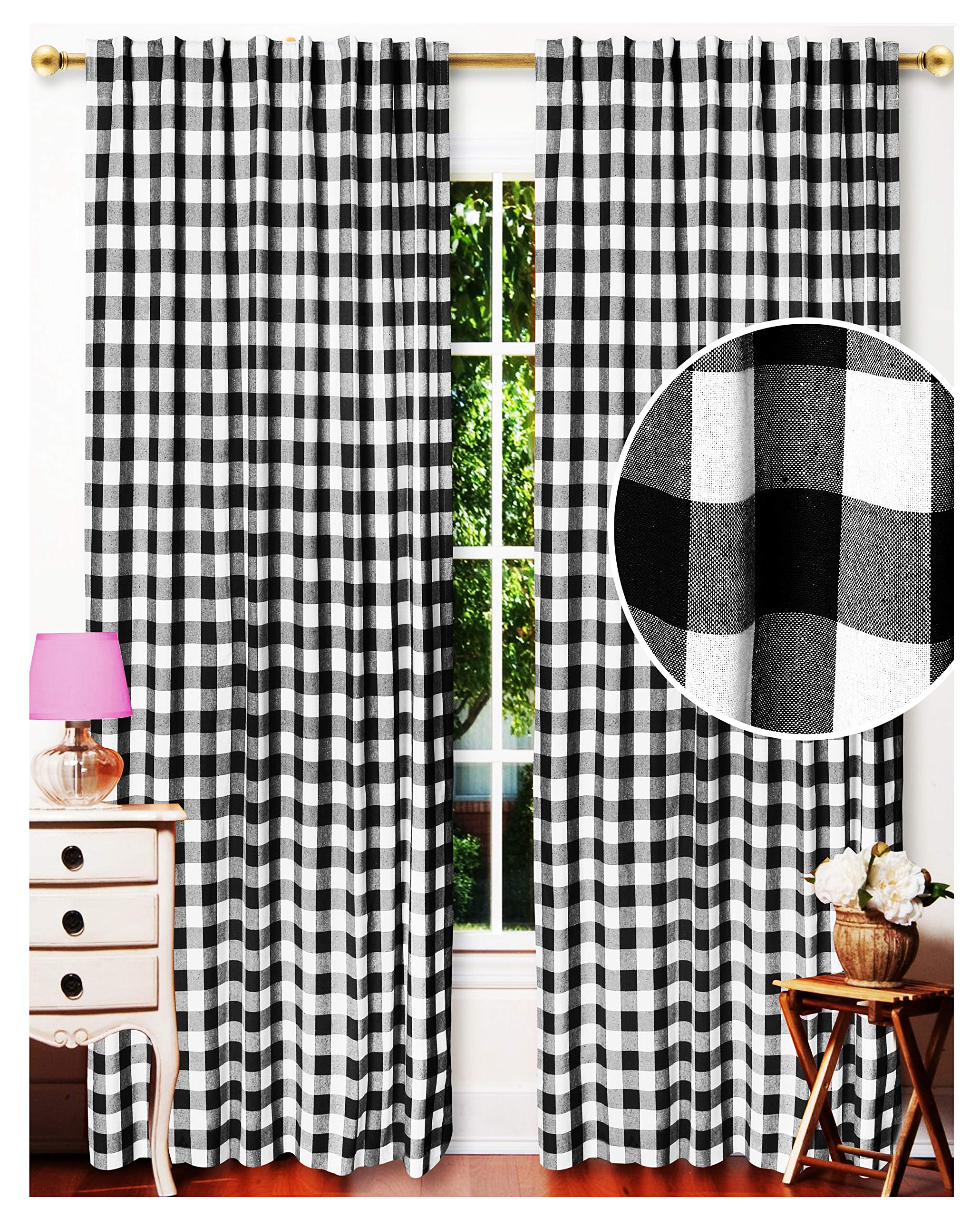 Alpha Living Home Farmhouse Cotton Black and White Buffalo Gingham Check Window Curtains, 50" x 72" 2 Pack Gingham Check Curtain - Black White Bedroom Curtain 72 Inches, Check Tab Top Curtains