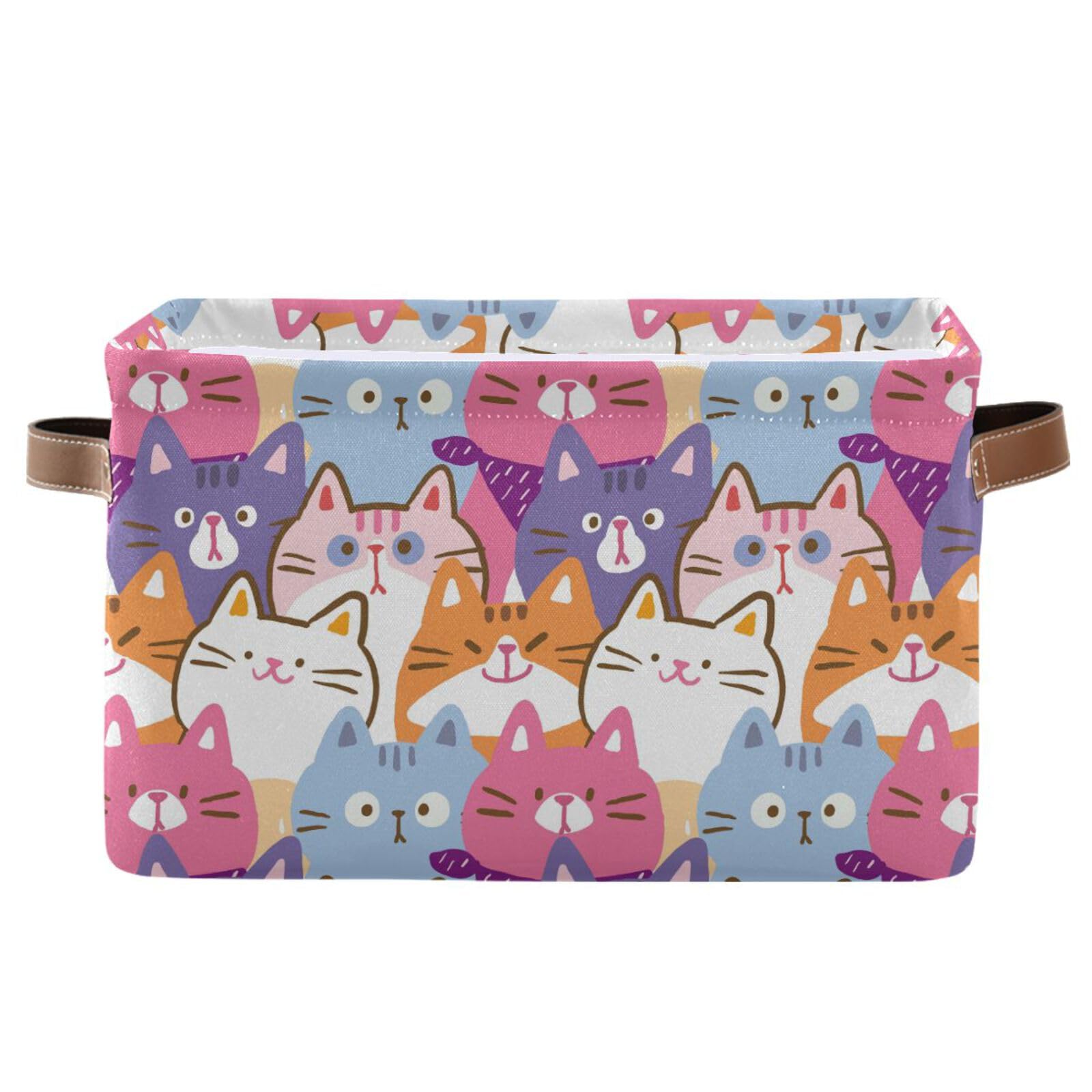 Cartoon Cat Large Storage Basket Cube Storage Bin Canvas Fabric Organizer Handles Collapsible Decorative for Clothes Toys Bedroom