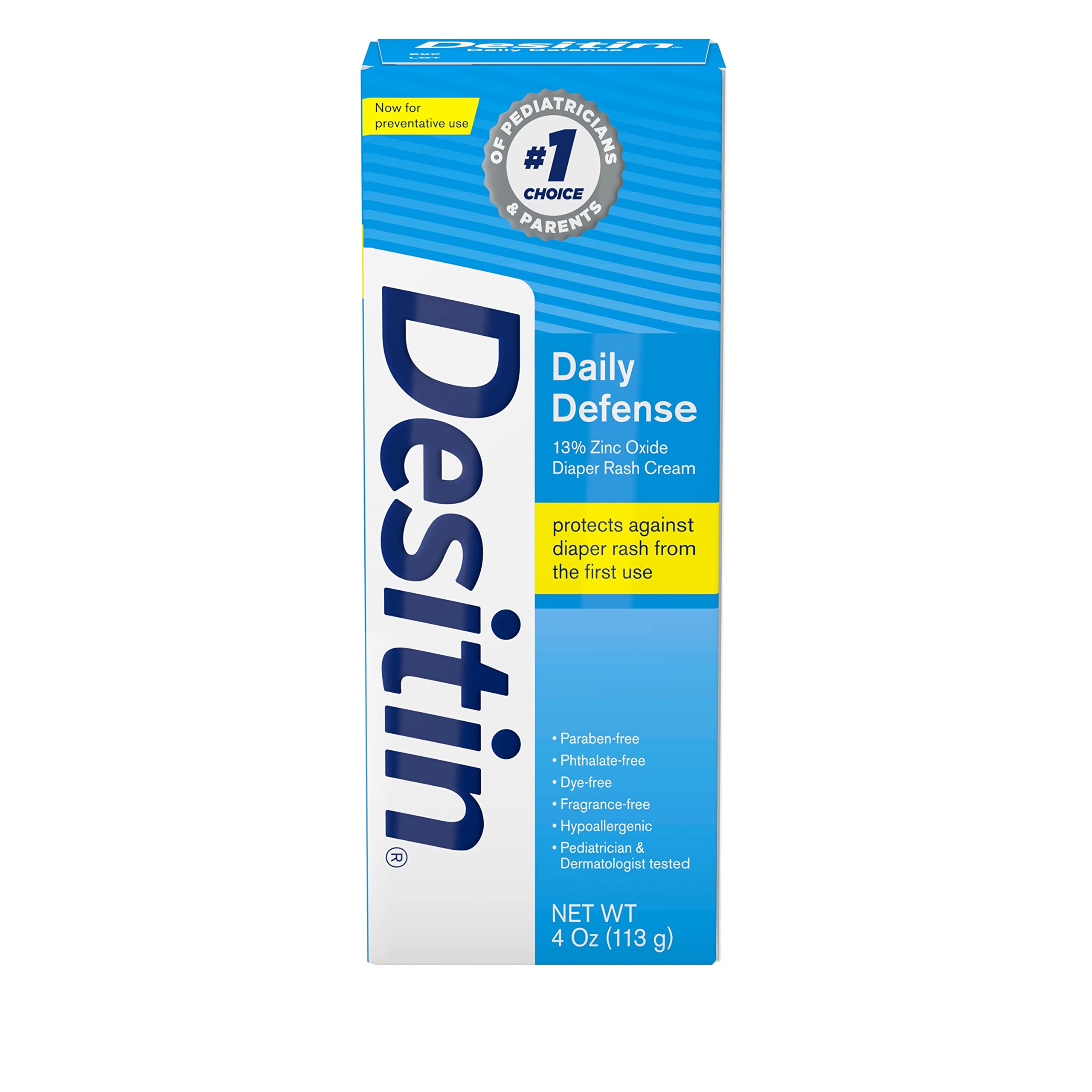 Desitin Daily Defense Baby Diaper Rash Cream with 13% Zinc Oxide Barrier Cream to Treat, Relieve & Prevent Diaper Rash, Hypoallergenic, Dye-, Phthalate- & Paraben-Free, 4 oz