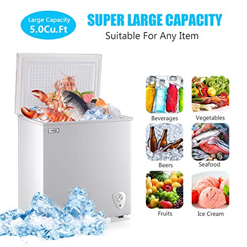 Chest Freezer Deep Freezer 5.0 Cu.Ft Mini Freezer White Free-Standing Top Door Freezer Adjustable 7 Thermostat and Removable Basket Open Deep Freezer Energy Saving Garage Basement Apartment Kitchen Business, White