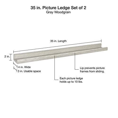 MCS Picture Ledge Shelf, Room Decor Floating Shelf, Gray Woodgrain, 35 Inch, Set of 2